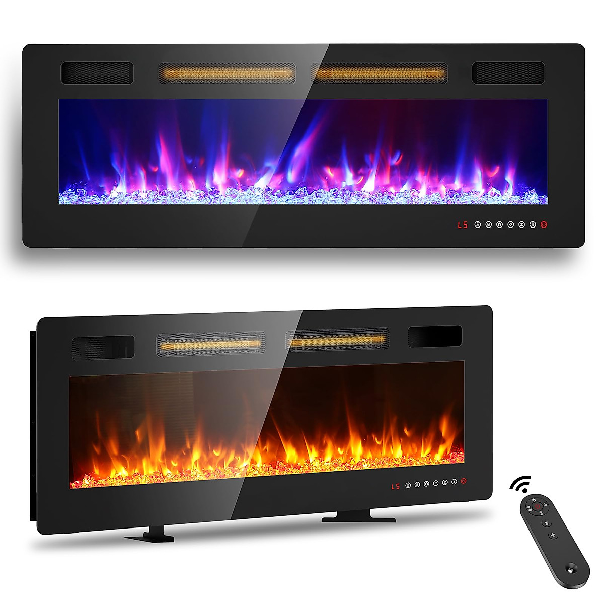 BREEZEHEAT 50 inch Electric Fireplace Wall Mounted/Freestanding-Ultra Thin Fireplace Inserts for Living Room with Double Heat Vent, Remote Control, Touch Screen, Led Flame, 8H Timer, 750w/1500w
