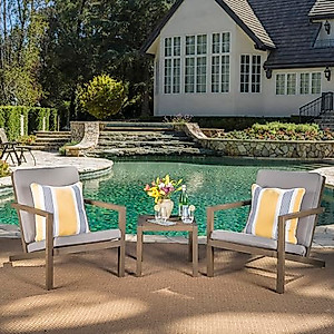 Christopher Knight Home Leah Outdoor Acacia Wood Chat Set with Water Resistant Cushions, 3-Pcs Set, Grey Finish / Grey