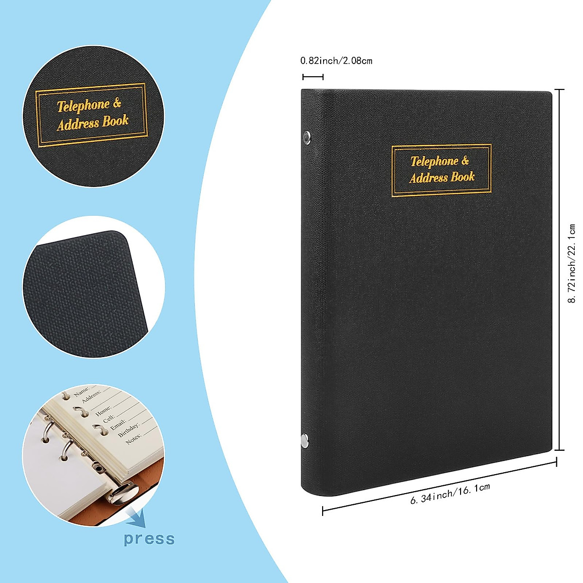 Refillable Address Book with Alphabetical Tabs, w/Pockets, 648 Large Print Telephone Birthday Email PU Leather Hardcover Durable for Women Men Seniors Home Office, 236Pages, A5, Black