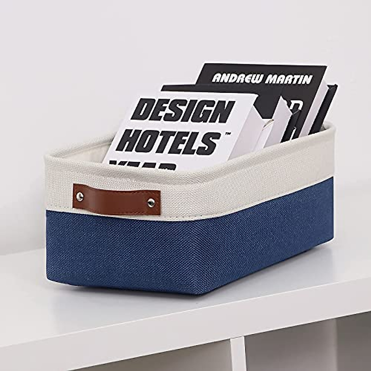 HNZIGE Small Fabric Baskets for Organizing Collapsible Storage Baskets for Shelves, Closets, Laundry, Nursery, Decorative Baskets for Gifts Empty (White&Blue)