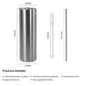 AGH 8 Pack 20oz sublimation tumbler blank, Stainless Steel Tumblers Bulk With Reuse Straw and Brush, Silvery Cup Vacuum Insulated Mug for Travel Coffee