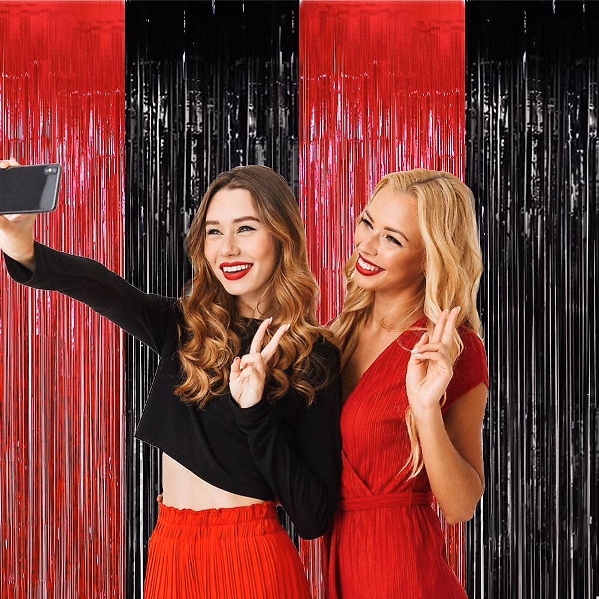 EUFARS Red and Black Party Decorations- 4 Pack of 3.2x8.2ft Foil Fringe Curtains for Graduation Party Decorations 2024 Casino Theme Party Decorations Red and Black Birthday Decorations