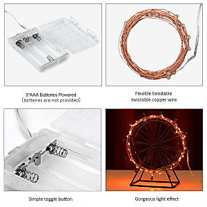 Ariceleo Mini Halloween Fairy Lights Battery Operate, 1 Pack Copper Wire Night Lights 3*AAA Battery Powered Led Starry Fairy String Lights for Bedroom, Christmas, Party, Decoration(5m/16ft Orange)