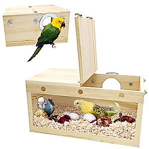 BNOSDM Parakeet Nesting Box Transparent Bird Nest Breeding Box with Perch Wood Bird House for Cage Cockatiel Budgie Lovebirds Conure Finch Parrot Small to Medium Birds (L)