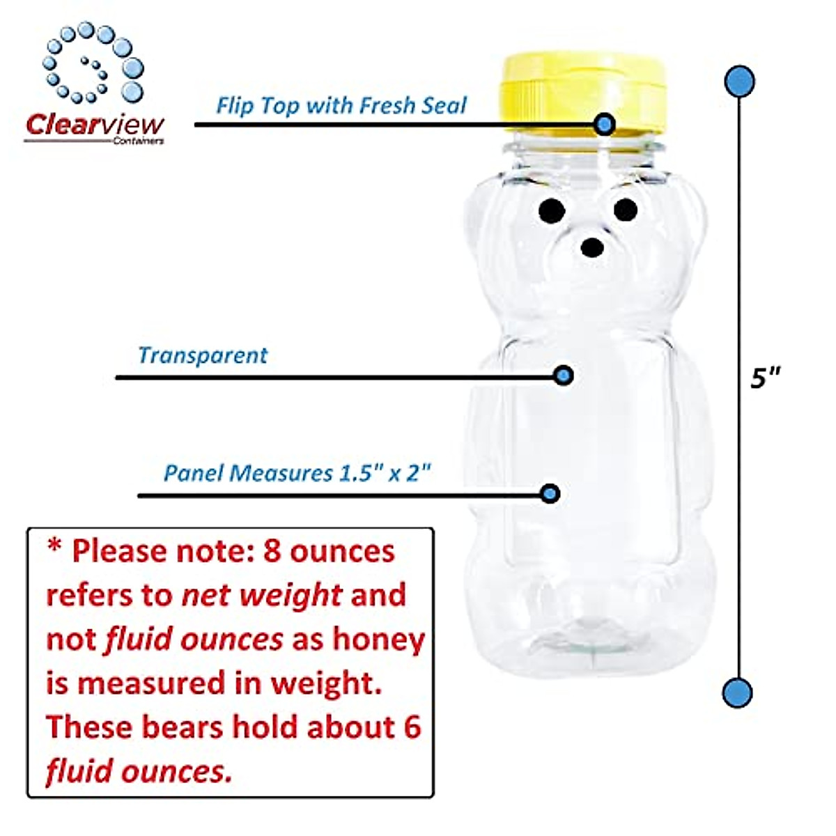 CLEARVIEW CONTAINERS | 8 Ounce Honey Bears with Flip Top Lid | Perfect for Holidays, Baby Shower Gifts, Beekeeping, Honey Dispensing (Yellow 8 Ounce Bear, 24 Pack)