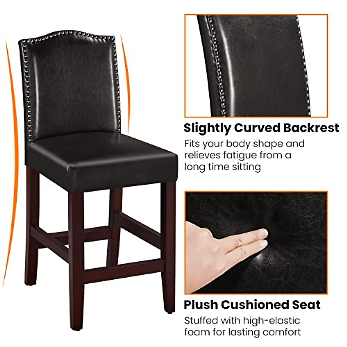 Yaheetech Bar Stools Kitchen Counter Height Stools 26 Inch High Back Leather Pub Chairs Wood Wooden Barstools Brown, 4PCS (Package 2)