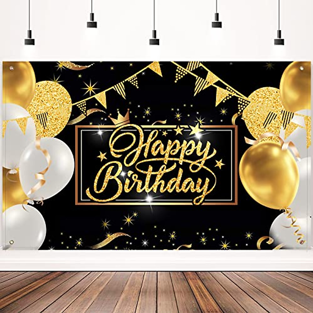 HGH Happy Birthday Backdrop Banner Black and Gold Birthday Party Decorations Sign Poster Large Fabric Glitter Balloon Fireworks Sign Birthday Photo Backdrop Backgroud,72.8 x 43.3 Inch