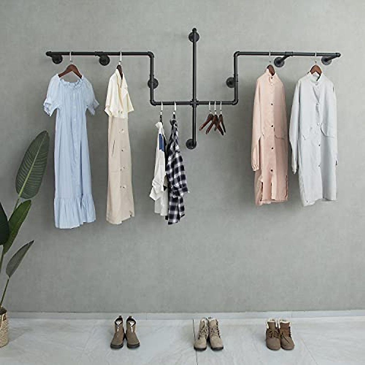 CIVANA Industrial Pipe Clothing Rack, Wall Mounted Garment Hanging Bar, Iron Commercial Clothes Hanger, Garment Display Rack for Retail, Boutiques, 86.6in, Black