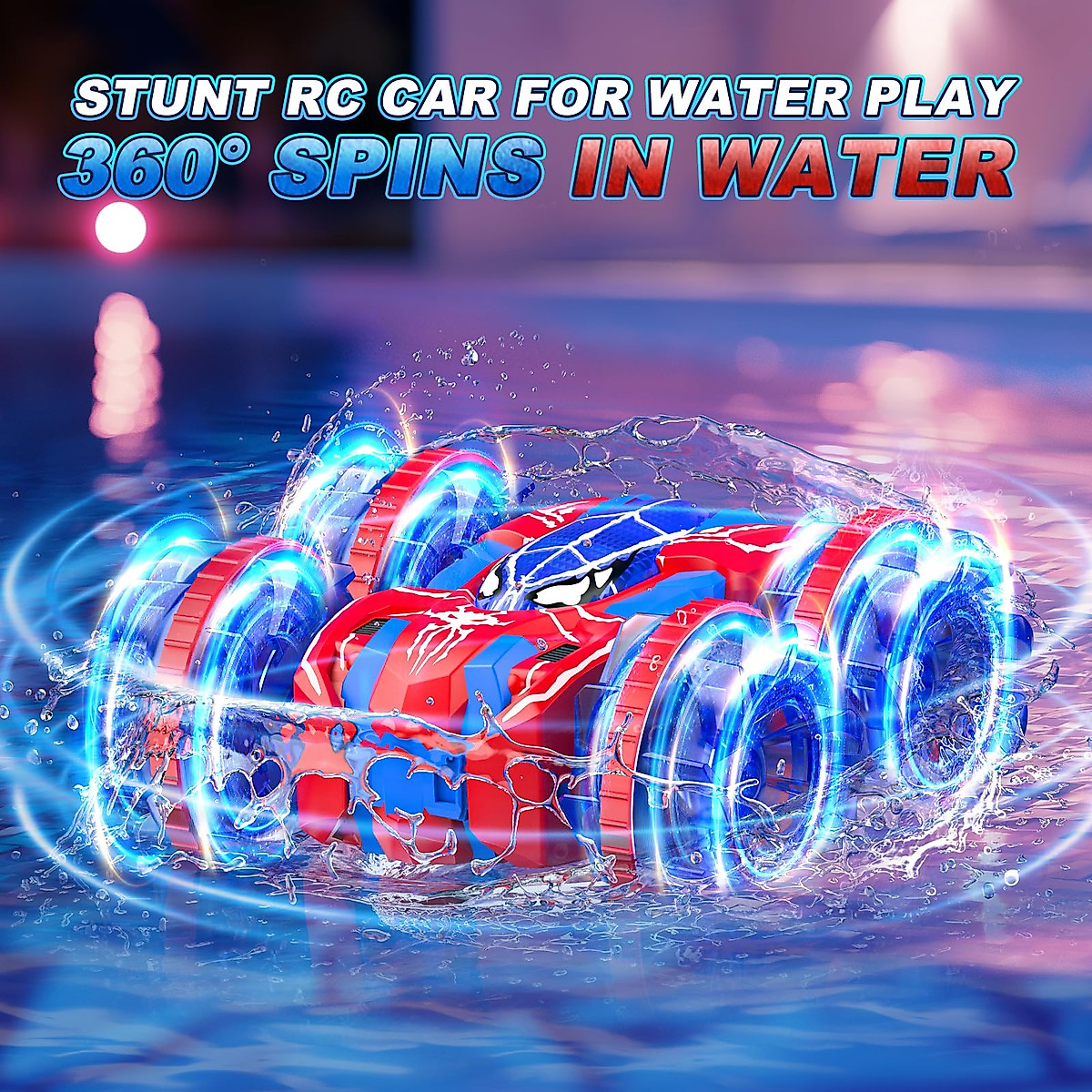 fygurso Waterproof Remote Control Car，4WD Amphibious 2.4 GHz RC Car Remote Control Boat，360°Rotation RC Stunt with LED Lights，Boys Girls Gifts All Terrain Water Beach Pool Toy