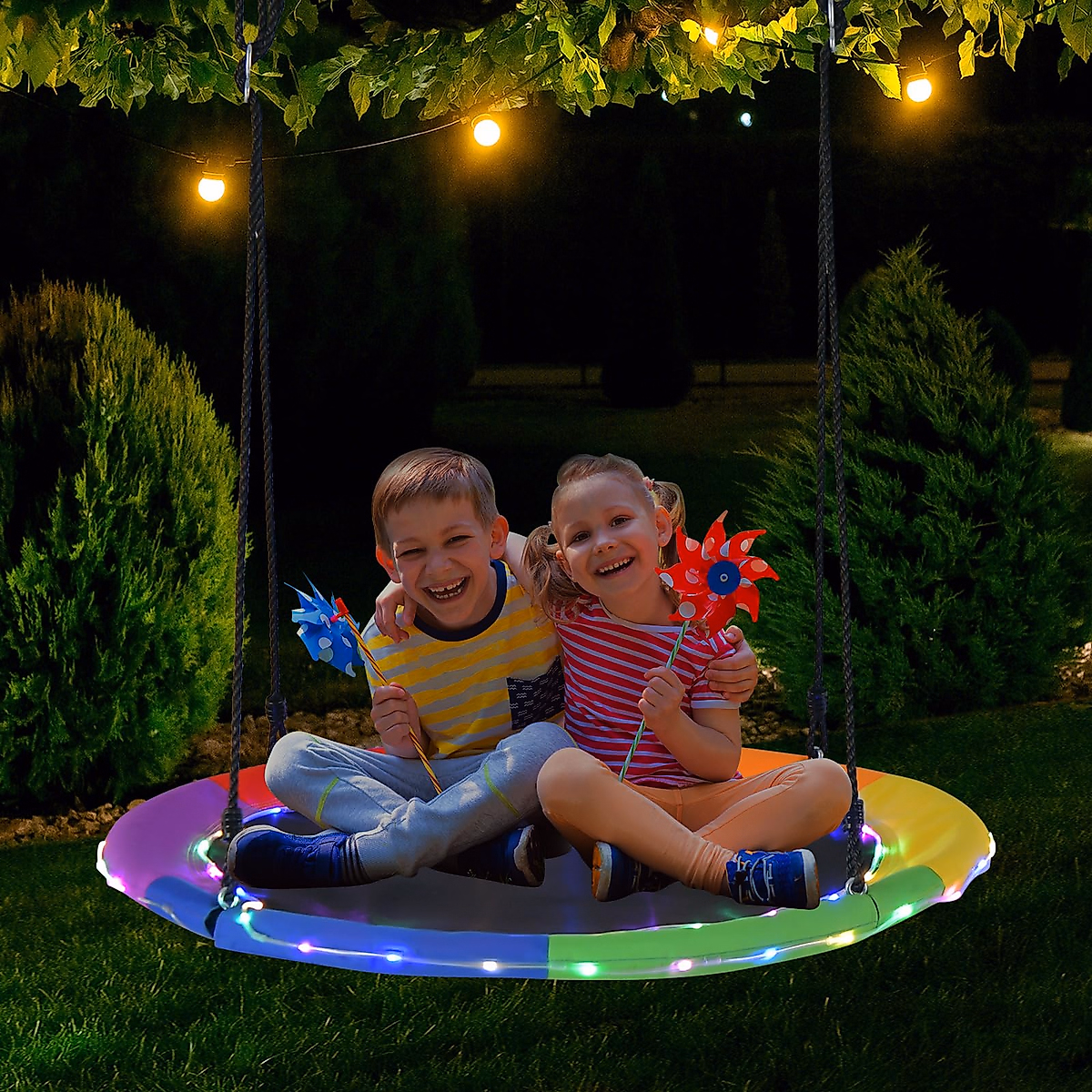 Costzon 40” Flying Saucer Tree Swing with LED Lights for Kids Adults, Indoor Outdoor Saucer Swing with Adjustable Multi-Strand Hanging Ropes, Safe Round Swing for Tree, Swing Set, Backyard (Colorful)
