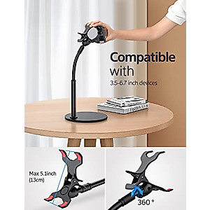 Cell Phone Stand, Gooseneck Flexible Arm Universal Phone Holder, Angle Height Adjustable Phone Stand for Desk, Lazy Bracket Holder, Aluminum Alloy Phone Holder Compatible with 3.5"-6.7" Devices(Black)