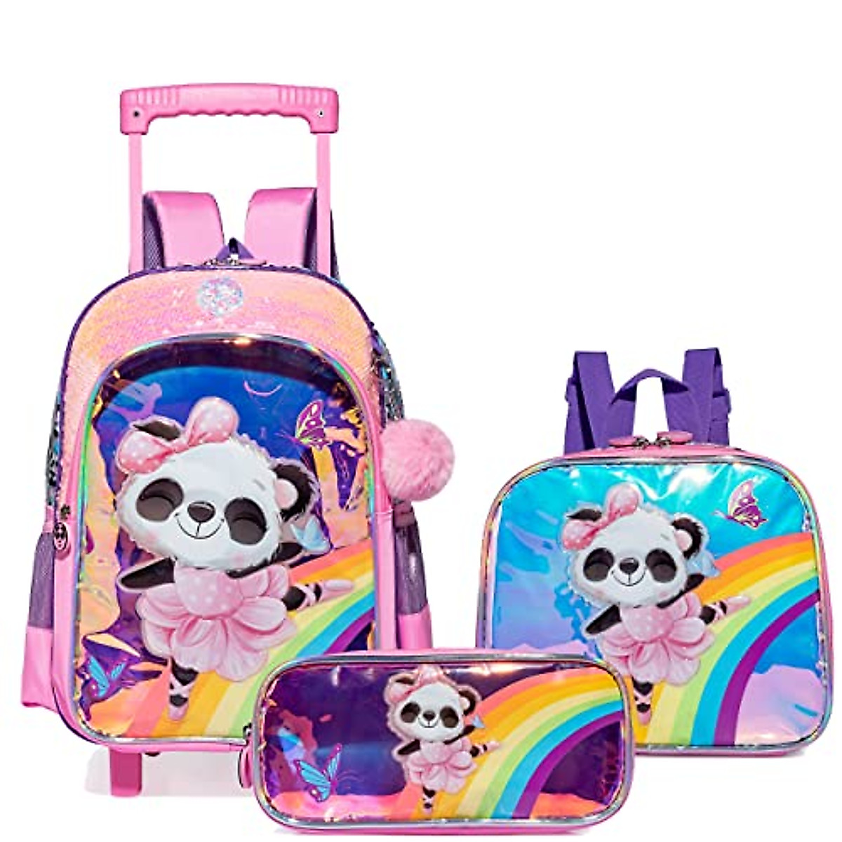 HTgroce 3pcs Panda Rolling Backpack Girls Travel Roller Bag with Wheels Kids School Bags Wheeled Luggage Backpack