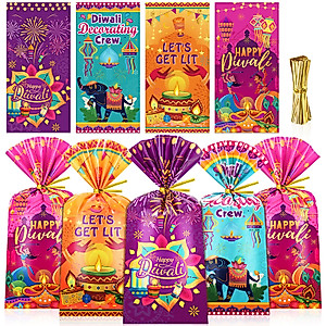HOWAF 100pcs Happy Diwali Cellophane Bags, Diwali Candy Bags with Twist Ties for Festival of Lights Party Favor Supplies, Indian Deepavali Goodie Bags Elephants Gift Wrapping Bags, 4 Design