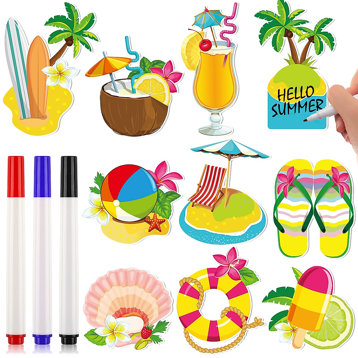 Buryeah 16 Pcs Large Summer Magnets Tropical Beach Car Magnets Set 10 Beach Magnetic Refrigerator Decoration Cruise Door Magnets Tropical Palm Tree Magnetic with 6 Paint Pens