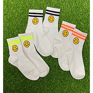 holawit Happy Face Fun Design Positive Smile Quarter Socks with Neon Double Stripes for Women 3P Set