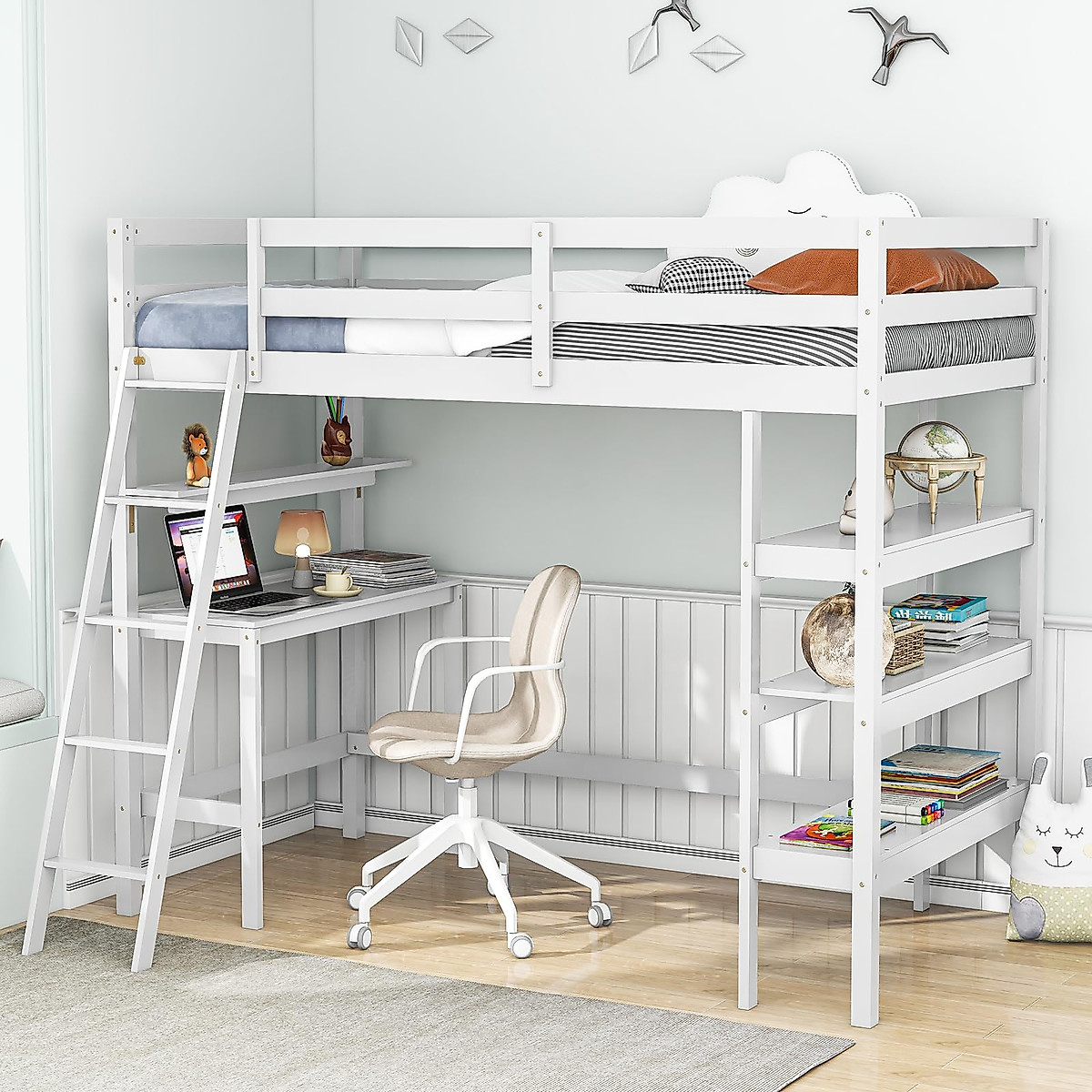 KOMFOTT Twin Loft Bed with Desk & Storage Shelves, Wood Loft Bed Frame for Kids Teens with Bookcase, Ladder, Guardrail, No Box Spring Needed, Space-Saving Loft Bed for Dorm, Apartment