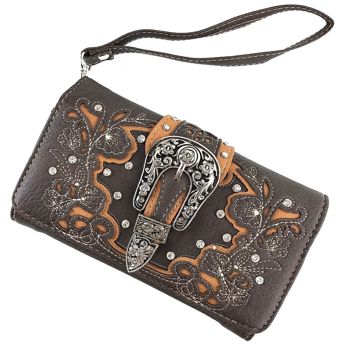 Justin West Floral Buckle Shoulder Concealed Purse (Dark Brown Wallet Only)
