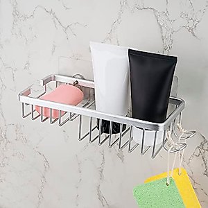 Linkidea Wall Mounted Shower Caddy Shelf with Hooks and Soap Holder, Aluminum Adhesive Shower Organizer Rack, No Drilling Shower Basket for Bathroom (Silver)