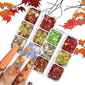 Autumn Fall Leaf Nail Glitter Shapes Thanksgiving Maple Leaf Glitter Sequins Holographic Nail Sequins Shapes Mixed Leaf Confetti Halloween Fall Maple Leaf Glitter Flake Design Decoration(6 Grids)