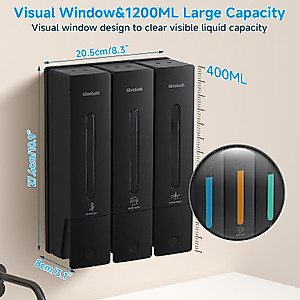 Shampoo and Conditioner Dispenser Shower Soap Dispenser Shower Dispenser 3 Chamber No Drill Shampoo Dispenser for Shower Wall, Body Wash Dispenser Wall Mounted for Bathroom Hotel,1200ML,Black