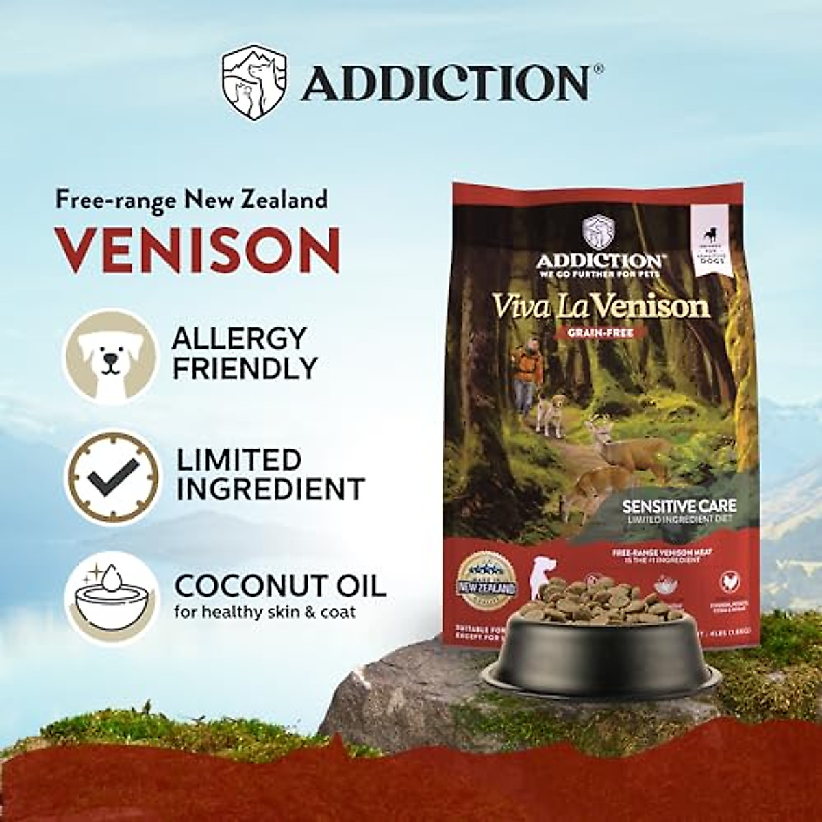 Addiction Viva La Venison Premium Grain-Free Dry Dog Food - Single Protein & Novel Meat with Probiotics - No Chicken, Beef, or Turkey - Ideal for All Dogs & Puppies 4lb
