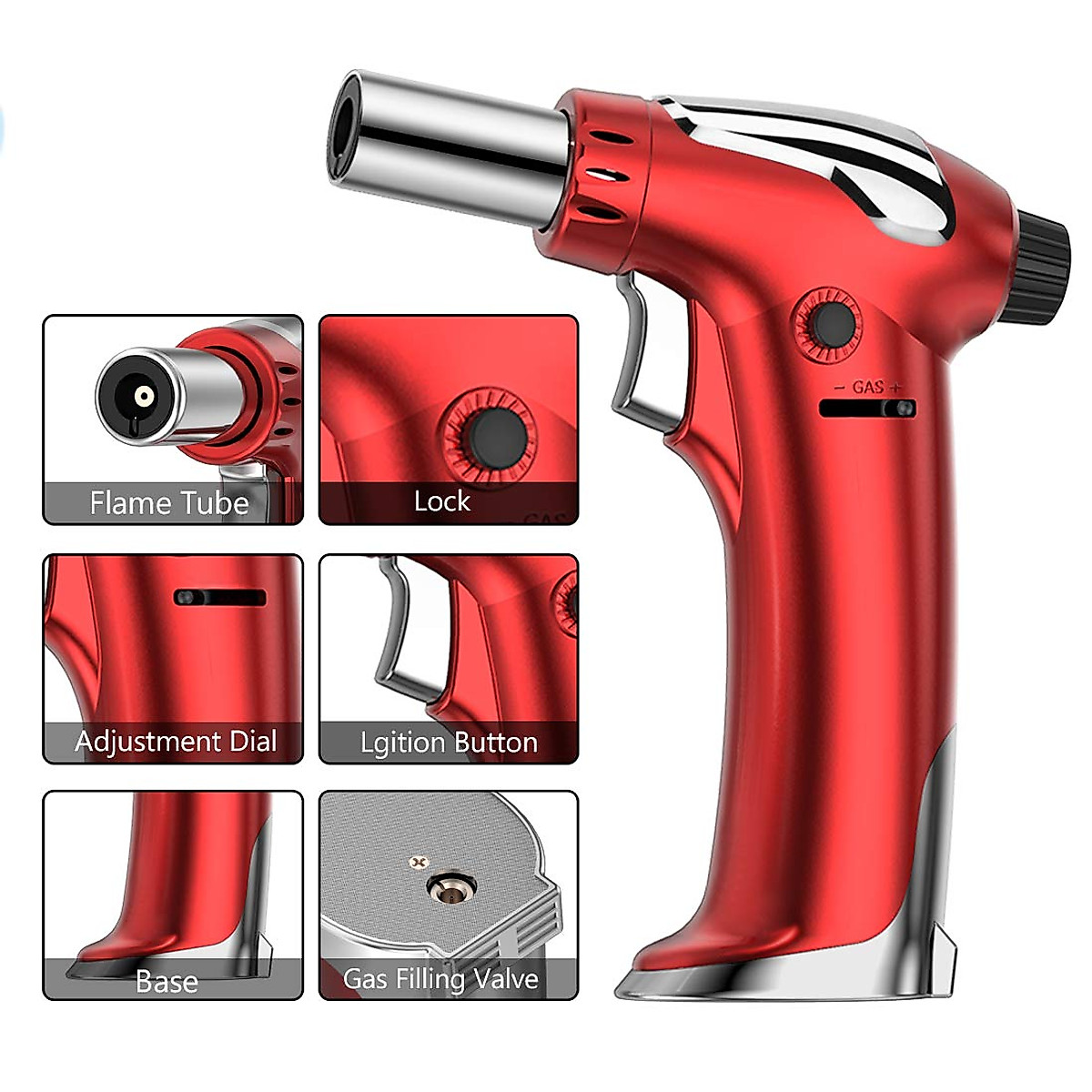 ZEBRE Butane Torch, Refillable Culinary Torch Kitchen Blow Torch Lighter with Adjustable Flame for Desserts, Creme Brulee, BBQ and Baking (Butane Gas Not Included) (Red)