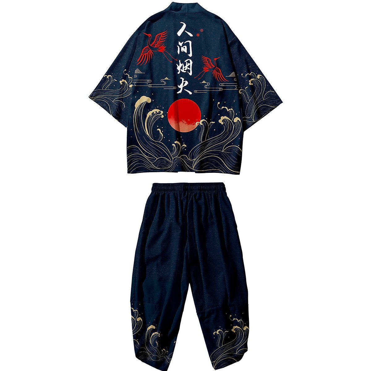 DOSLAVIDA Men's Japanese Kimono Jacket Set Stylish Open Front Coat With Shorts Chinese Style Printed Cardigan Suits
