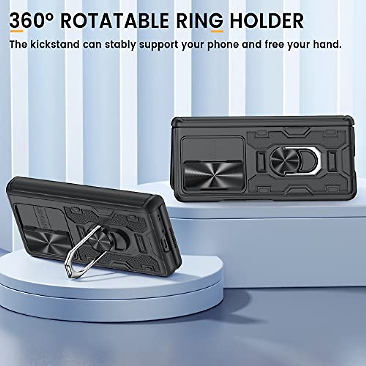 Caka for Z Fold 3 Case, Galaxy Z Fold 3 Case with Slide Camera Lens Cover, Built-in Kickstand Ring Holder Tempered Glass Screen Protector, Magnetic Case for Samsung Z Fold 3 5G (Black)