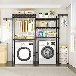 Ulif U5 Over the Washer and Dryer Storage Shelf, Laundry Room Space Saver Bathroom Storage and Organizer Rack for Hanging Towels and Drying Clothes with 5 Wire Shelves, 58.2"W x 13.4"D x 77.5"H, Black