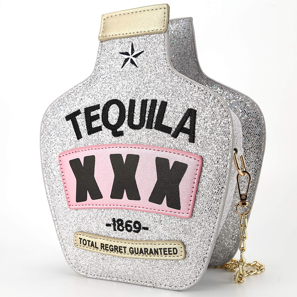 QiMing Tequila Bottle Shaped Laser Shoulder Handbags,Pu Crossbody Purse for women(Silver B)