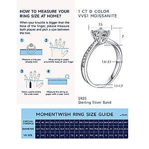 MomentWish Promise Rings for Her, 1Carat Moissanite, D Color VVS1 Simulated Diamond 925 Sterling Silver Accent Rings-Size6
