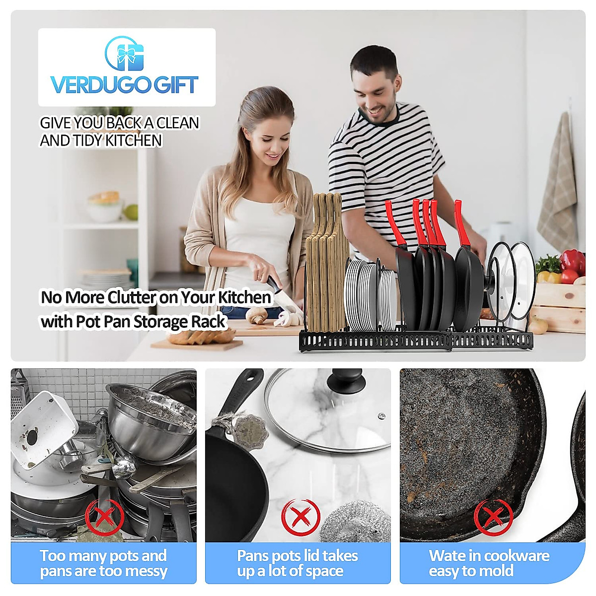 Pot Rack Organizer for Under Cabinet-Expandable Pots and Pans Organizer with 10 Dividers & 2 DIY Methods,Pots Lid Organizer Holder for Kitchen Cookware,Cookie Sheet Organizer Rack for Cabinet