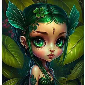 Adult Diamond Art Painting Kit,Beginner 5D Diamond Art Set,DIY Full Diamond Craft,Round Diamond Painting Kit,Green Elf Girl Gemstone Painting Kit,Craft Family Wall Art Deco[13.65x13.65 inches]