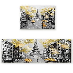 Cloud Dream Home Kitchen Rug Set Eiffel Tower Street 2 Piece Non-Slip Kitchen Floor Mat Rubber Back Gray Yellow Soft Indoor Bathroom Doormat Runner Rug Carpet Set (19.7"x31.5"+19.7"x47.2")