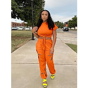 Women 2 Piece Outfit Summer Short Sleeve White Shirt Sweatpants Set Workout Jogger Sweatsuit