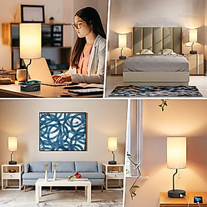 Wireless Charging Bedside Lamps with 2 USB Ports, Set of 2 Table Lamps for Bedroom, Modern Nightstand Lamps, Desk Lamps with E26 Socket Round Fabric Lampshade for Living Room Office Reading Working