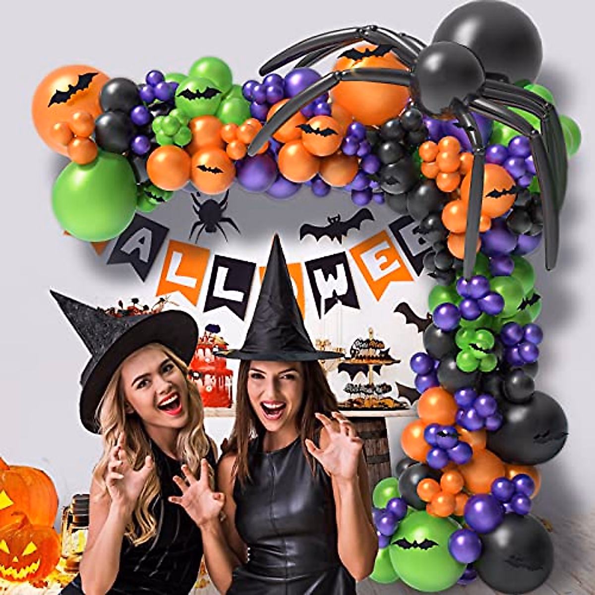 Bonropin Halloween Balloon Garland Arch kit with Black Orange Green Purple Balloons Spider Balloons, Long Balloons, 3D Bat Sticker for Halloween Theme Party Background Classroom Decorations