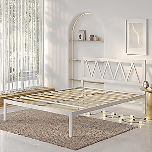 Novilla Full Size Bed Frame with Headboard, Metal Platform Bed Frame, Heavy Duty, No Box Spring Needed, Wood Slat Support, Easy Assembly, White