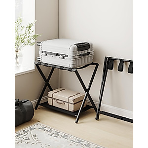 Hzuaneri Luggage Rack, Folding Suitcase Stand for Guest, Foldable, Luggage Holders with Shelf, Steel Frame with Nylon Straps for Bedroom, Hotel, Holds up to 154 lb, Black, 2 Pack LR03901B