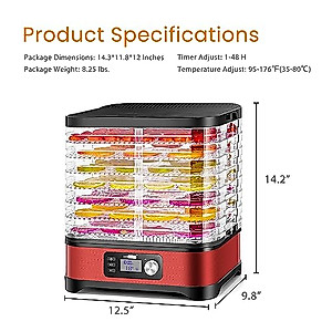 VIVOHOME Food Dehydrator Machine, 8 Trays Meat Hydrator with 48H Digital Timer and Temperature Adjustable 95-176℉ for Fruit Vegetable Beef Jerky Maker, BPA Free, Silicone Trivet Tong Included, Red