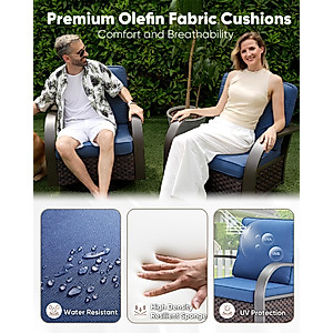 HUMMUH Patio Swivel Glider Outdoor Chair-All Weather Rattan Wicker Patio Swivel Rocking Chairs Porch Chair for Deck Porch Lawn Garden Backyard-Brown/Blue