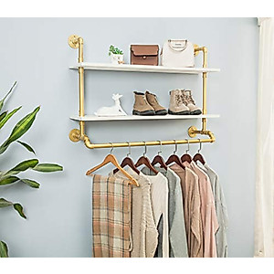 FOF FRIEND OF FAMILY Industrial Pipe Garment Rack with Double Tier shelves, Wall Mounted Clothes Rod for Clothing Storage, Gold&White Color, 40" Wide