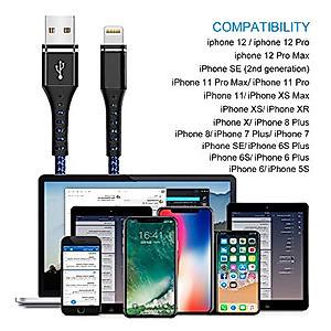 DFLASHS iPhone Charger Cable 3-Pack 6/6/10FT Lightning Charging Cable Long Cord for iPhone 12/11/11Pro Max/11Pro/XS/Max/XR/X/8/8P/7/6/6s and More (Blue)