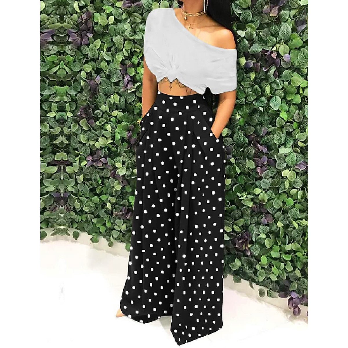 A ADILACA High Waisted Palazzo Pants for Women Dressy, High Waisted Wide Leg Pants for Women with Pockets, Pull On Wide Leg Pants for Women, High Waist Long Flowy Pants (Polka Dot-Black, XL)