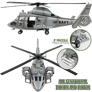 Click N' Play Military Aerial Rocket Helicopter 24 Piece Playset with Accessories - Great Army Toys Action Figures for Kids and Boys Ages 4-7 8 - 12 | Model Vehicle Helicopter Silver