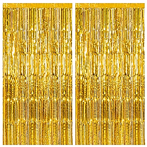 2 Pack Gold Backdrop Birthday Decorations Foil Curtain Backdrop Gold Streamers Dance Party Decorations Photo Booth Props for Bachelorette Decorations Christmas Halloween New Years Eve Party Supplies