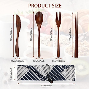 Ideashop Wooden Cutlery Set 16 PCS Reusable Flatware Set, Portable Wooden Utensils for Eating Includes Wooden Knife, Fork, Spoon, Chopsticks, with Pouch for Household Office Camping Traveling