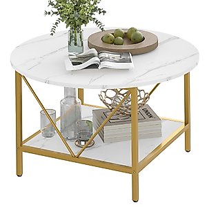 Yusong Round Coffee Table for Living Room, Farmhouse Circle Coffee Table with Storage Shelf, 2-Tier Modern Center Table with White Faux Wooden Tabletop, Gold Metal Frame