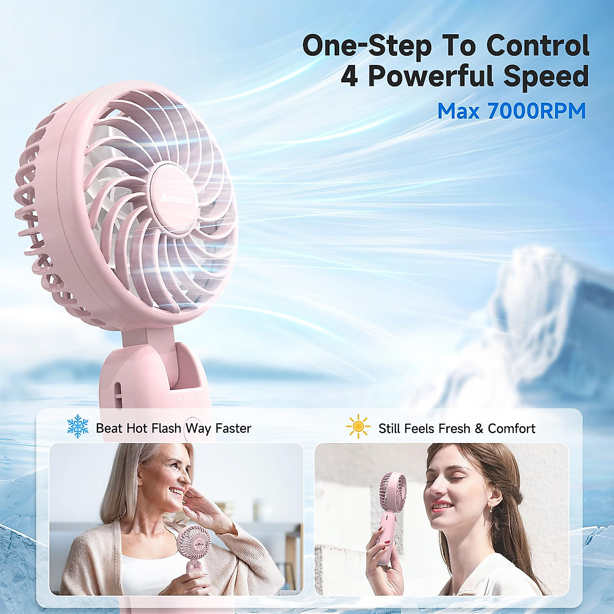 AMACOOL Portable Handheld Fan with Dual Motor, 12 Blades, Powerful 4 Speeds Hand Fan, Foldable, Battery Operated 3 IN 1 Personal Cooling Fan for Hot Flashes, Outdoor Activities, Travel(Pink)