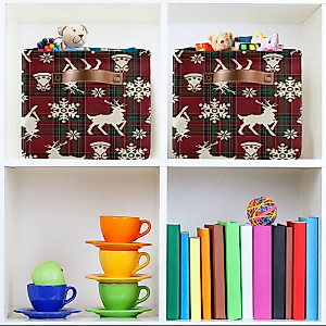 Christmas Bells Reindeer Storage Basket Fabric Laundry Baskets Winter Snowflake Xmas Red Green Buffalo Plaid Storage Boxes Organizer Bag for Cloth Toy Book Storage Cubes Shelf Closet Bins 16×12×8